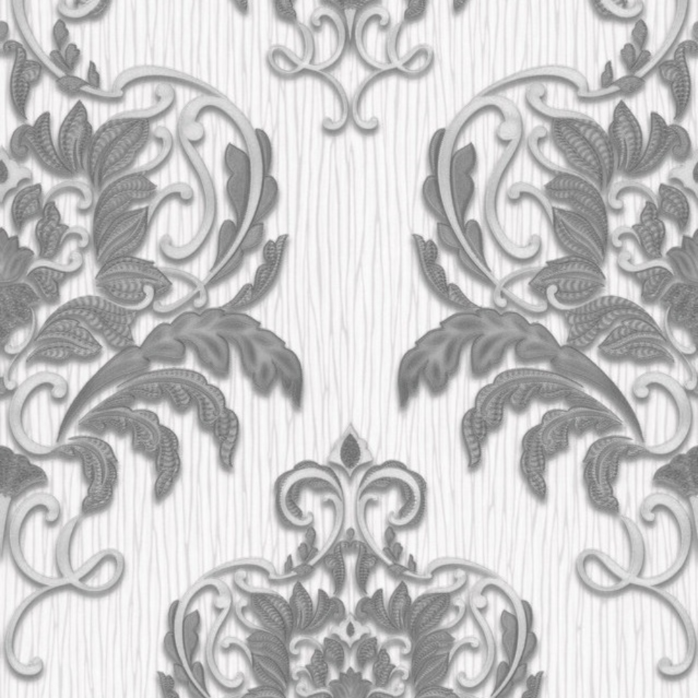 Spotlight Damask White & Silver Vinyl Wallpaper 10102-10 | 10102-10