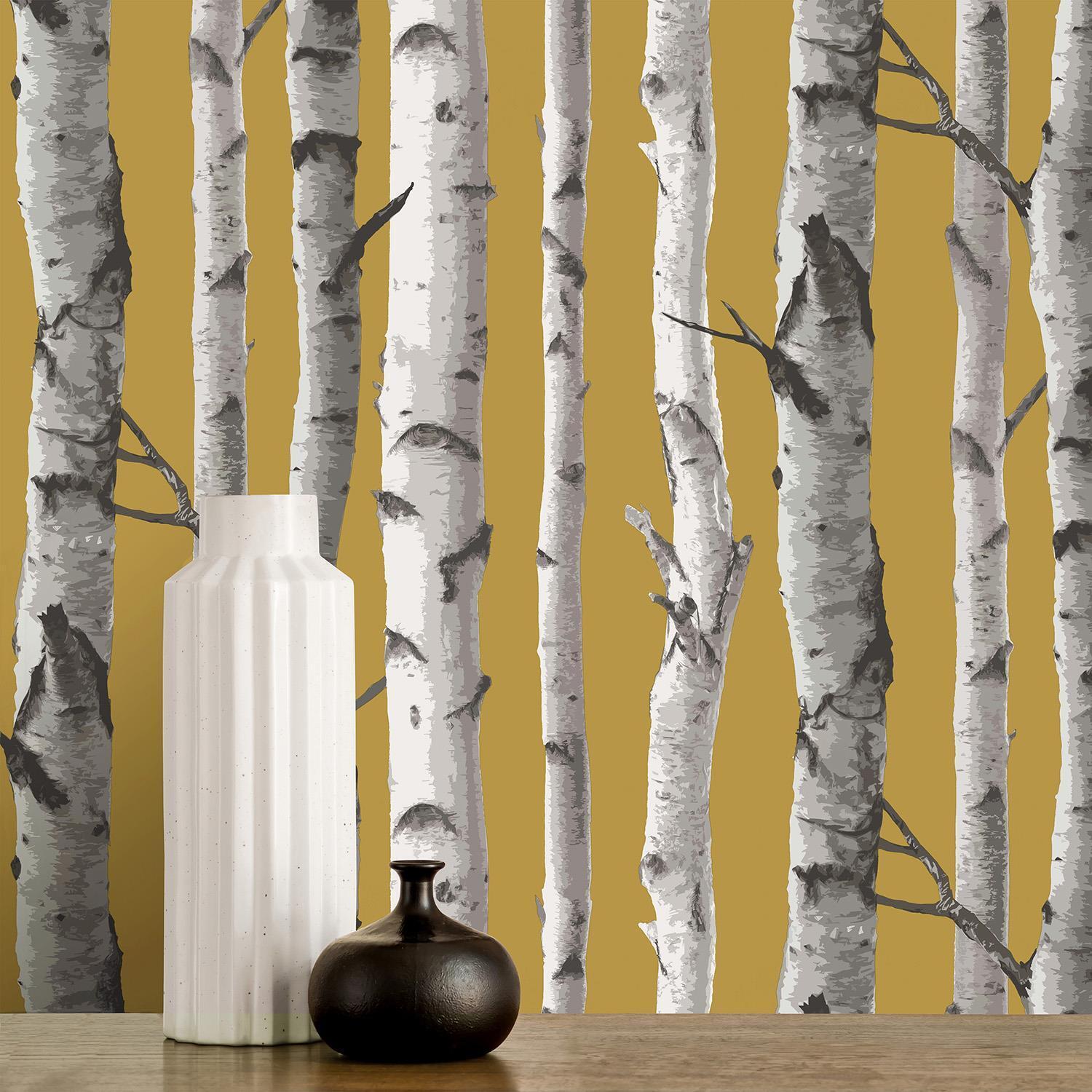 Birch Trees Mustard and Silver Wallpaper FD43290 | FD43290