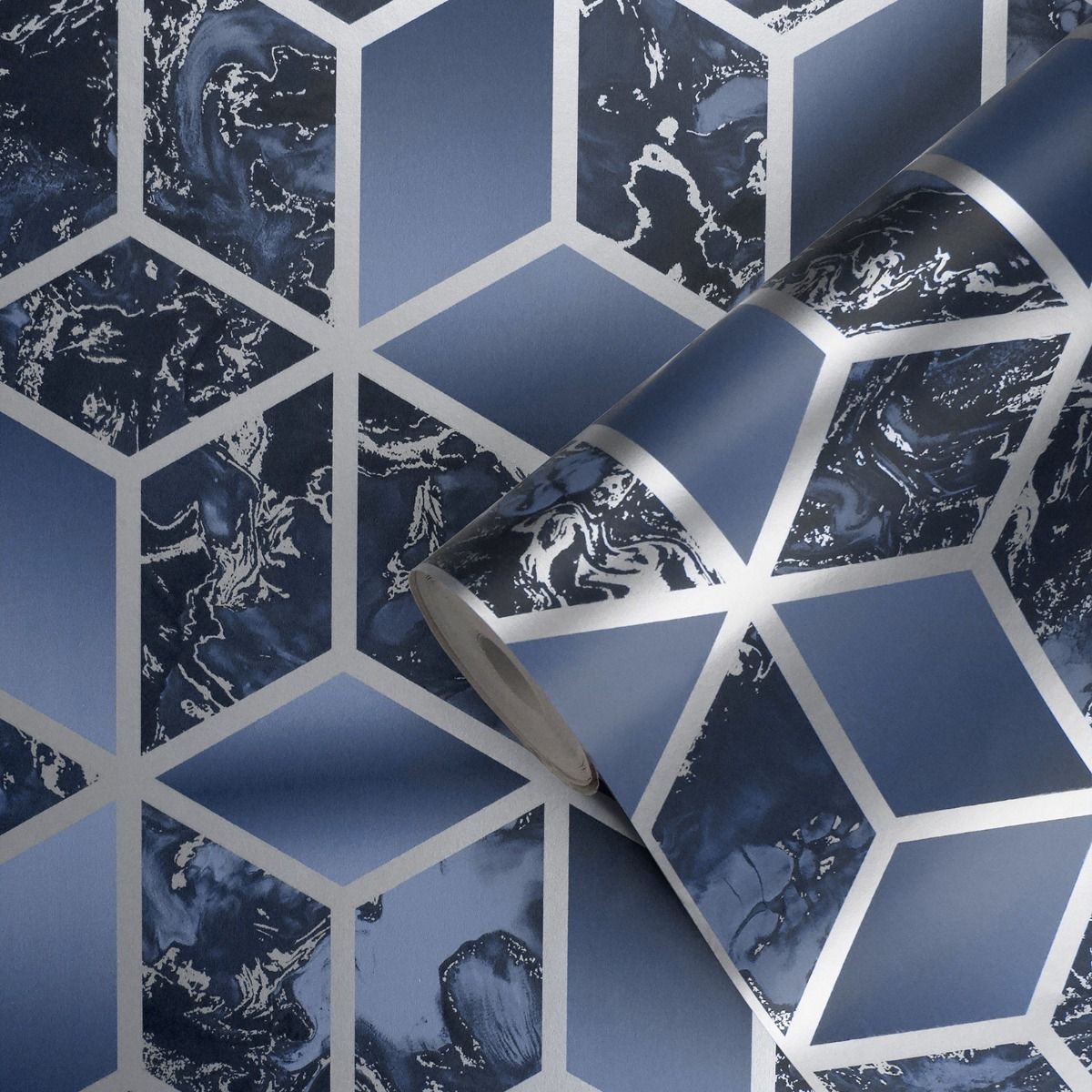 Elixir Cube Blue Silver | Navy Silver Geometric Wallpaper | 166512
