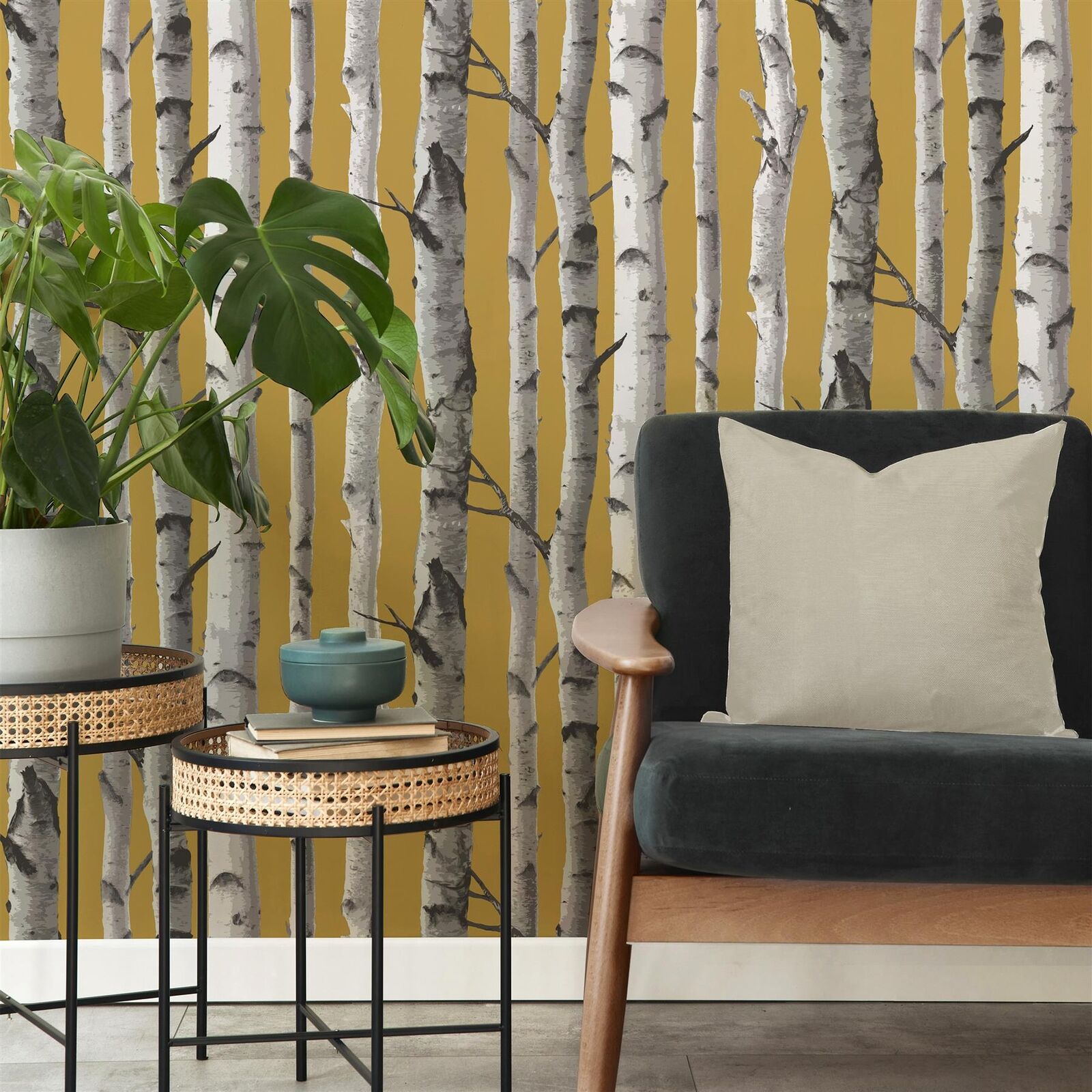 Birch Trees Mustard and Silver Wallpaper FD43290 | FD43290