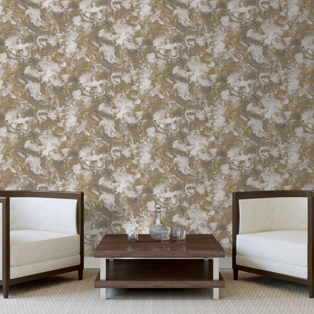 Liquid Swirl Marble Pewter & Metallic Gold Wallpaper 6364 | 6364